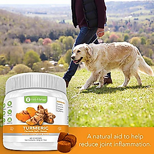 VET-VIRTUE Turmeric for Dogs - Organic Turmeric with Curcumin, Hip and Joint Supplement Dogs Soft Chew, with Collagen and Bioprene, High Absorption Eliminates Joint Pain Inflammation - 60 Count
