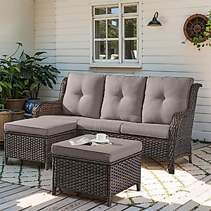 Outdoor Patio Furniture - 3 Seater Outdoor Rattan Wicker Sofa Patio Couch with Ottoman for Porch Deck Garden Backyard - Brown/Grey