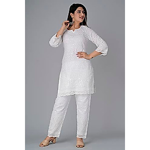 JG JAI GOVINDAM Chikankari Cotton Indian Kurtis for Women Summer Dresses Tunic Top Pant Set Pakistani Salwar Kameez Suit Set White-(X-Large)