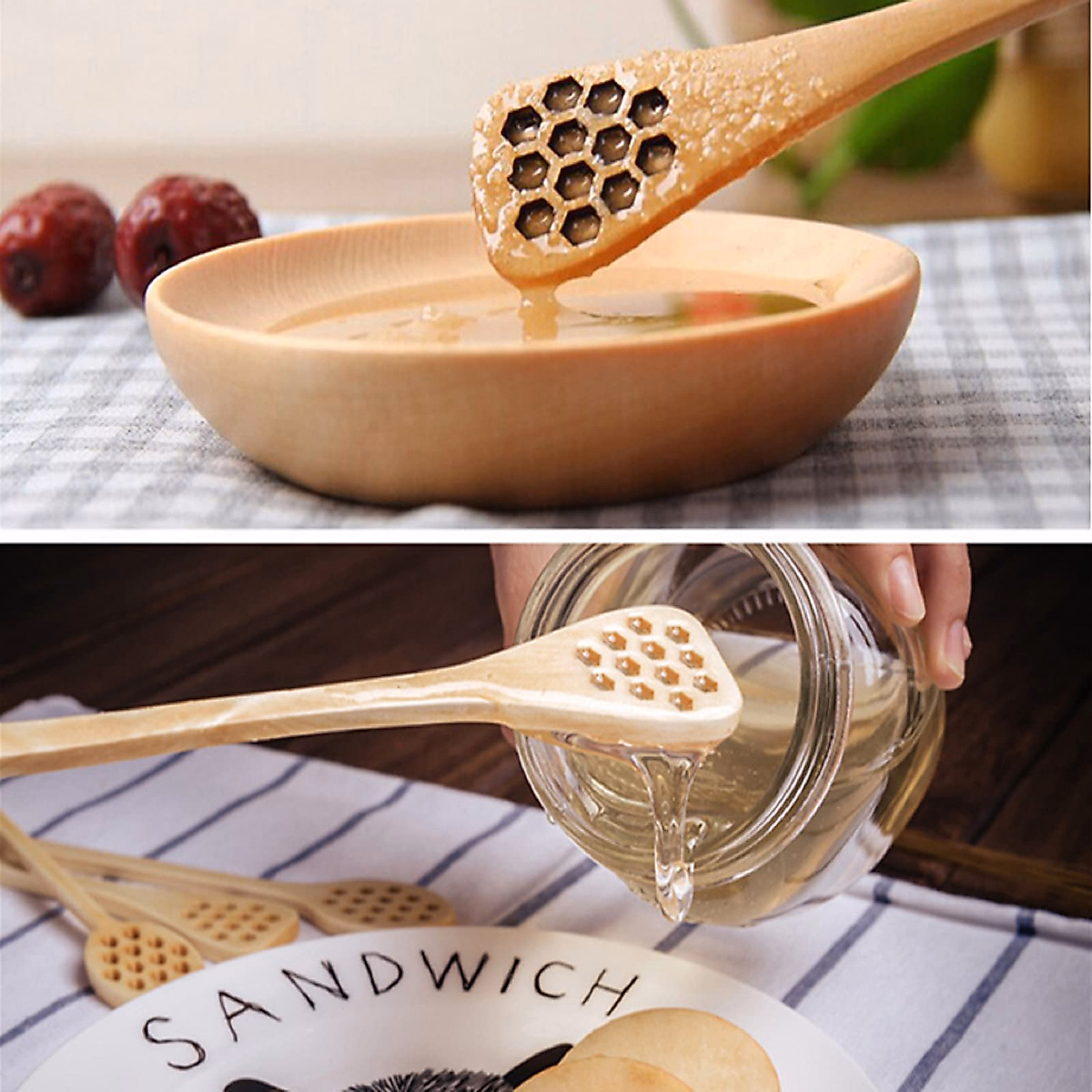 Newwe Honey Dippers (6 pcs set) 7 inch Honeycomb Stick, Honey Stirrer Stick for Honey Jar Dispense Drizzlier Honey and Wedding Party Gift