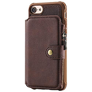 Leather Case for iPhone 7 iPhone 8,Fashion 4.7inch Kickstand Magnetic Buckle Zipper Coin Pocket Coffee 8Card Slot (ID Card,Credit Card),Accurate Cutouts Photo Frame Cash Slot Gift Girls Boys Unisex