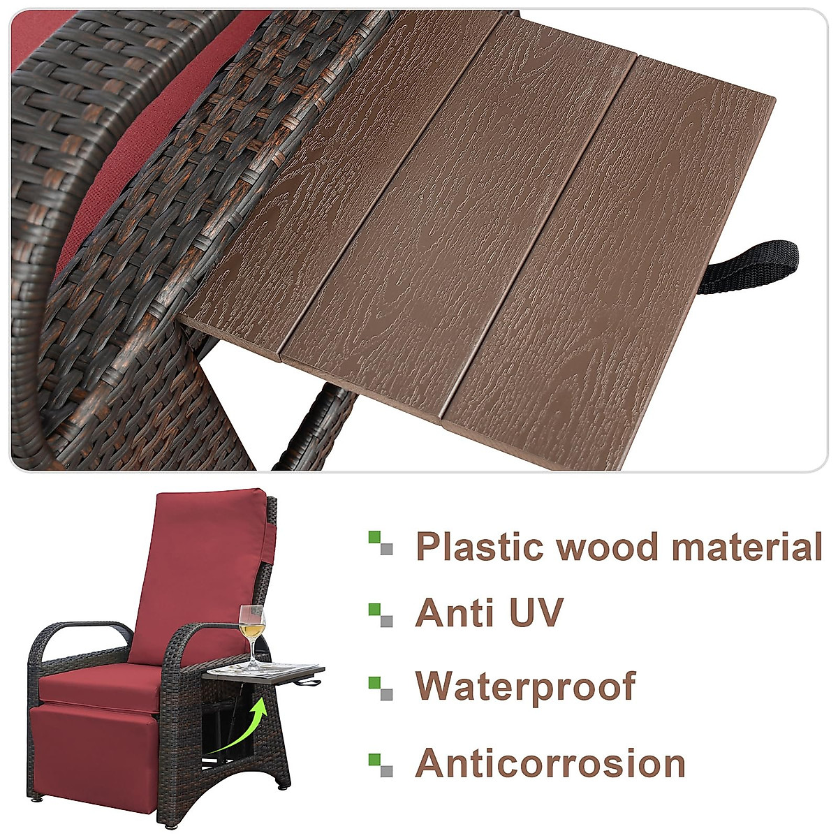 Skypatio Indoor/Outdoor Wicker Recliner Chair, Independently Adjustable Backrest and Footrest Patio Recliner Lounge Chair with Flip Side Table(Red)