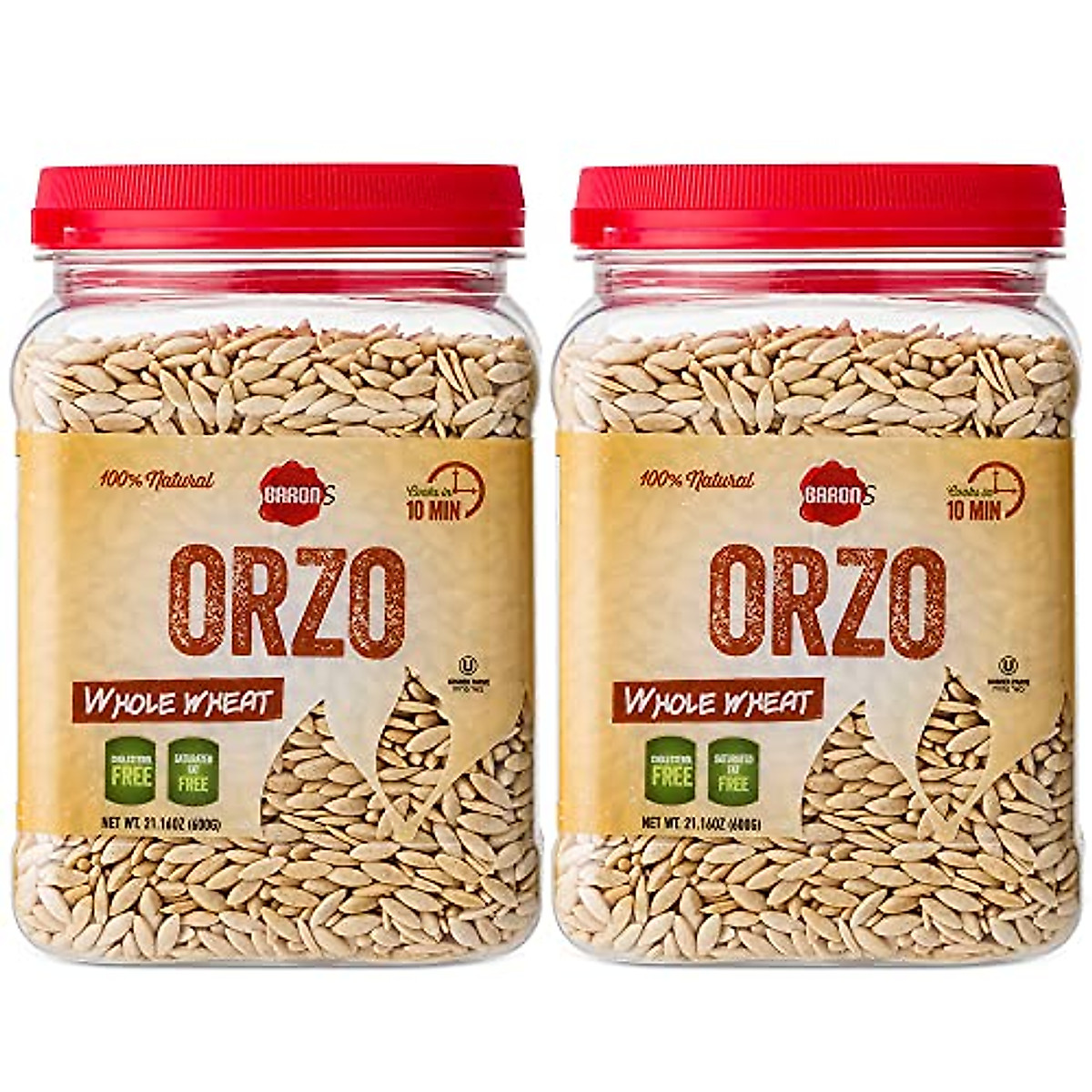 Baron’s Whole Wheat Orzo Pasta | 100% Natural Israeli Rice-Shaped Orzo for Soups, Casseroles & Salads | Cooks in 10 Minutes! | Kosher | 2 Pack 21.16oz Jars