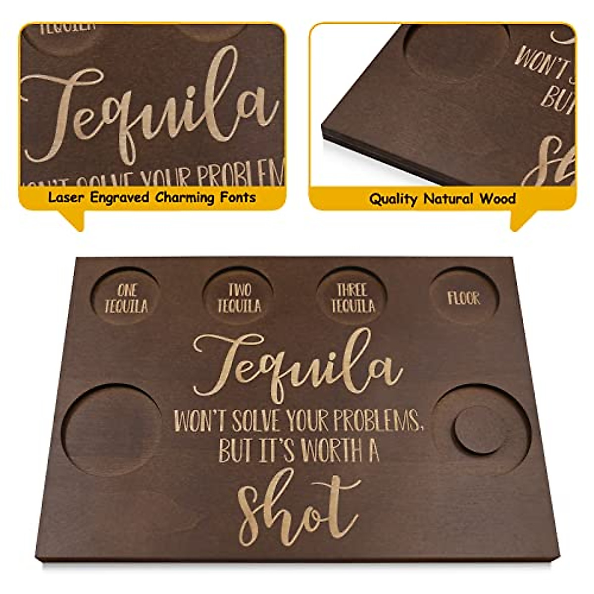 Huray Rayho Tequila Shot Board Serving Tray Huray Rayho Shot Glass Holder Display and Storage Shot Glasses with Salt Rim Bar Wooden Tray for Liquor Birthday Party Wedding Housewarming Men Women Gifts