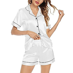 SWOMOG Women Satin Pajamas Sets Soft Button-Down Silk Sleepwear Two-Piece PJs Sets Loungewear White