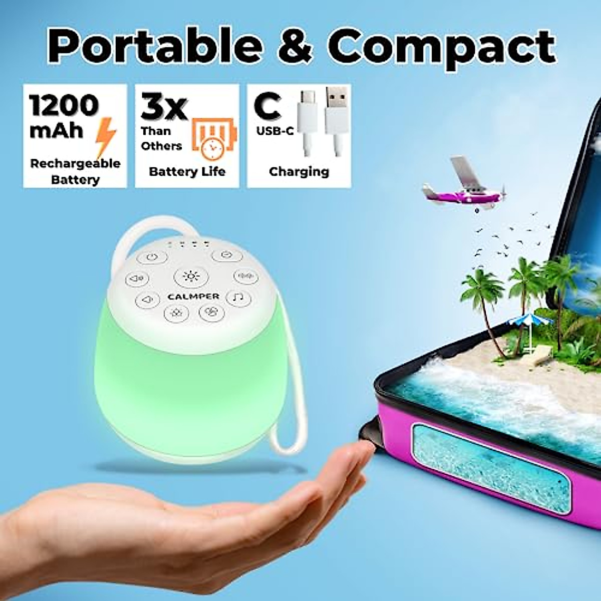 CALMPER Portable Sound Machine with Light and Timer - 21 Sounds, 8 Colors Dimmable Light, Long Lasting Battery - Adult & Baby White Noise Machine for Sleeping 2 Year Warranty