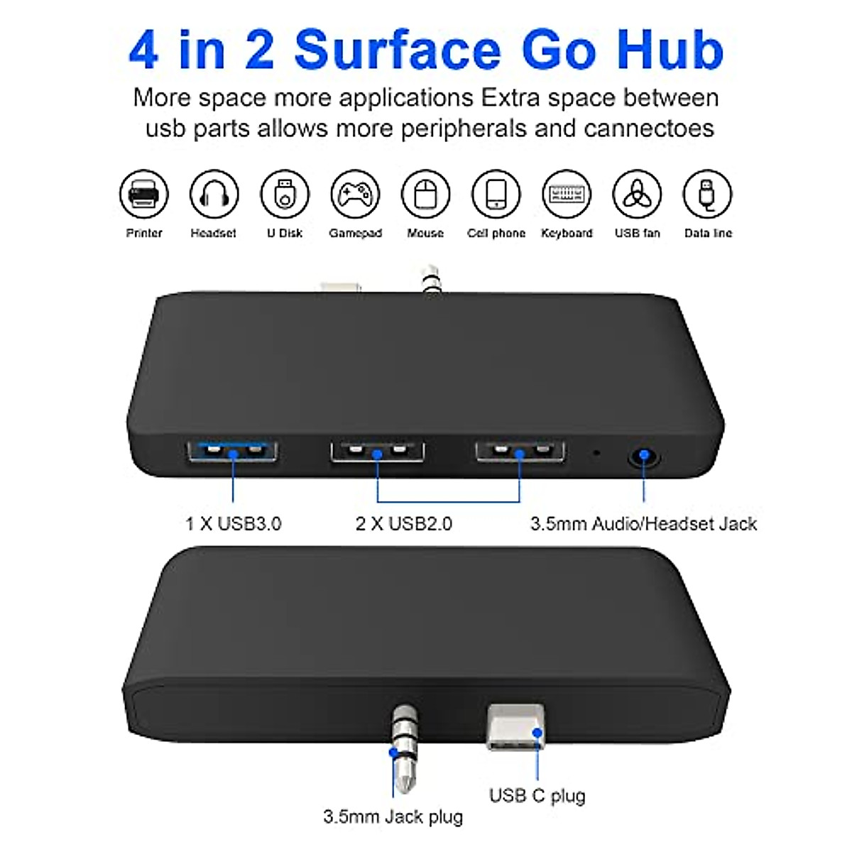Surface GO/GO 2/GO 3 Hub Docking Station, 4 in 2 Surface Go Adapter with 2X USB 2.0 Ports, 1x USB 3.0 Port(5Gbps) & 3.5mm Audio/Microphone/Headset Jack,Combo Accessories for Microsoft Surface GO/2/3