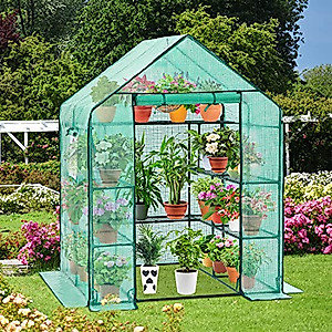Greenhouse for Outdoors with Screen Windows, Ohuhu Upgraded 4 Tiers 11 Shelves Walk-in Greenhouses with Durable PE Cover, Outside Garden Plastic Green House with Ground Pegs & Ropes for Stability