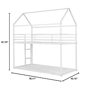 Merax Twin Over Twin House Bunk Bed, Metal Bed Frame Bunk Beds with Roof and Built-in Ladder, No Box Spring Needed, White