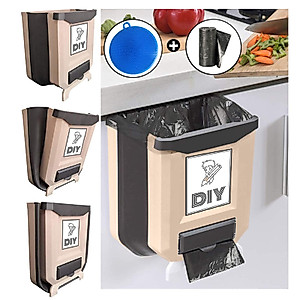 XIJING Small Hanging Kitchen Trash Can, Portable Mini Garbage Can and Collapsible Compact Trash Bin for Kitchen Cabinet Door Drawers, Room, Car, Bedroom Plastic Waste Bin - 9L/2.4 Gallon (Coffee)