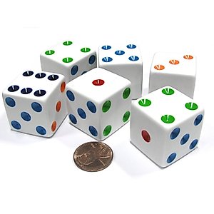 Set of 6 D6 25mm Large Opaque Jumbo Dice - White with Multicolor Pip by Koplow Games