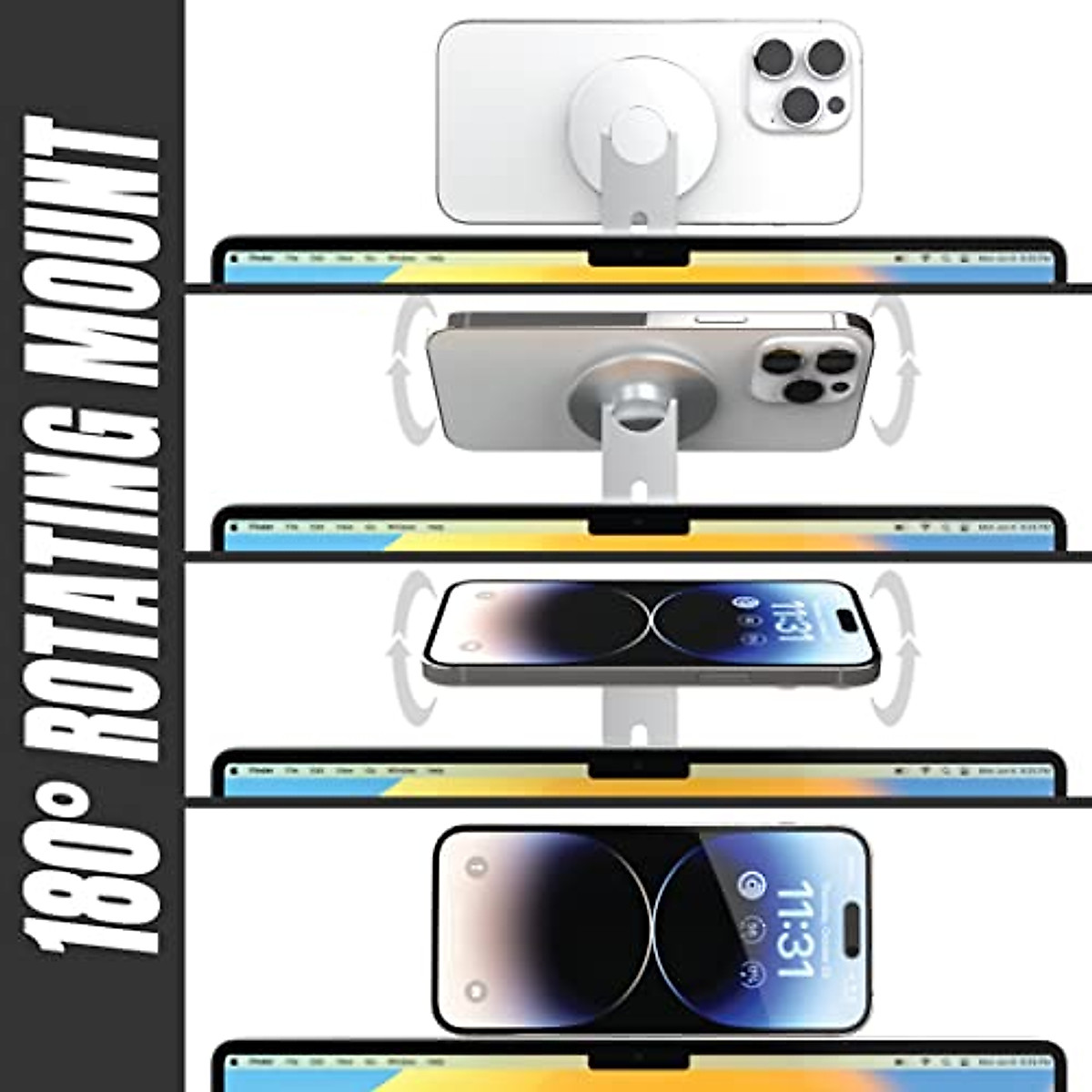 ICONIT Continuity Flip iPhone Laptop Mount - Slim Magnetic Phone Holder Swivels 180° for Laptops and Monitors - Adjustable Magnetic Arm - Compatible with iPhone 14/13/12 Plus Pro Max Mini (Silver)