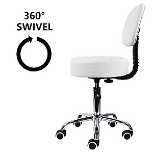KKTONER Round Rolling Stool with Back PU Leather Height Adjustable Swivel Drafting Work SPA Salon Stools Chair with Wheels White