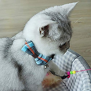 TagME Personalized Cat Collar, Breakaway Tartan Kitten Collar with Cute Bow Tie & Bell, Stainless Steel Slide-on Pet ID Tag Engraved with Name & Phone Numbers, Haze Blue