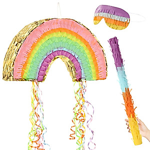 QOUBAI Colorful Rainbow Pull String Pinata with Sticks and Blindfold for Boys Girls Rainbow Pinata Gender Reveal Party Favors Supplies Pastel Rainbow Birthday Baby Shower Party Decoration