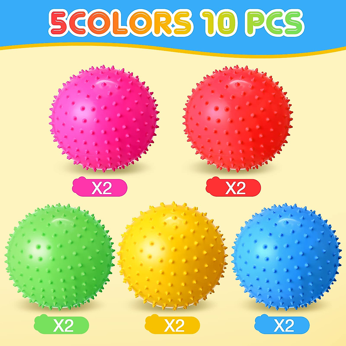 10 Packs Knobby Balls 9 Inches Sensory Balls Fun Bouncy Balls Spiky Toy Balls Inflatable Outdoor Ball Rubber Massage Stress Balls with Hand Air Pump for Party Favors Stocking Stuffers, 5 Colors