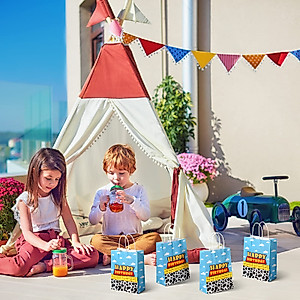 16 Pcs Cartoon Story Birthday Party Favor Bags, Cow Pattern Birthday Goodie Treat Bags Party Supplies, Blue Sky White Cloud Kraft Paper Candy Gift Bags with Handle for Kids Birthday Party Decorations