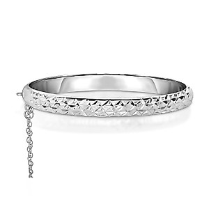 Savlano 14K Gold Plated Over 925 Sterling Silver Solid Diamond Cut Bangle Bracelet 7 inch with Safety Chain for Women Comes With Gift Box - Made in Italy (White)