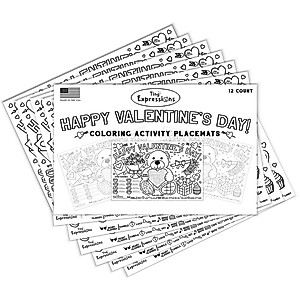 Tiny Expressions - Valentine's Day Coloring Placemats for Kids – Pack of 12 Disposable Paper Mats for Kids Table at Valentines Party, Includes Activities & Games for Kids