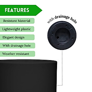 Elly Décor 12 inch Round Cylinder Plastic Planter with Drainage, Round Classic Smooth Texture, Lightweight & Extremely Durable 12" x 12" Cylinder Pot Black
