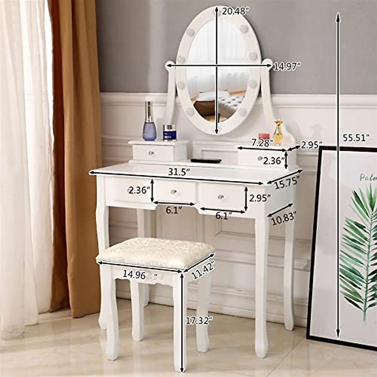 White Lighted Makeup Vanity Set - Makeup Desk with 360° Rotating Oval Mirror and Cushioned Stool - Make-up Vanity Station with Removable Top - Dressing Table with 10 Light Bulbs and 5 Sliding Drawers