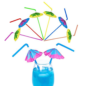 Multicolored Tropical Luau Parasol Hibiscus Print Umbrella Disposable Bendable Drinking Straws for Island Themed Party, Kitchen Supplies, Bars, Restaurants (48 Pack)