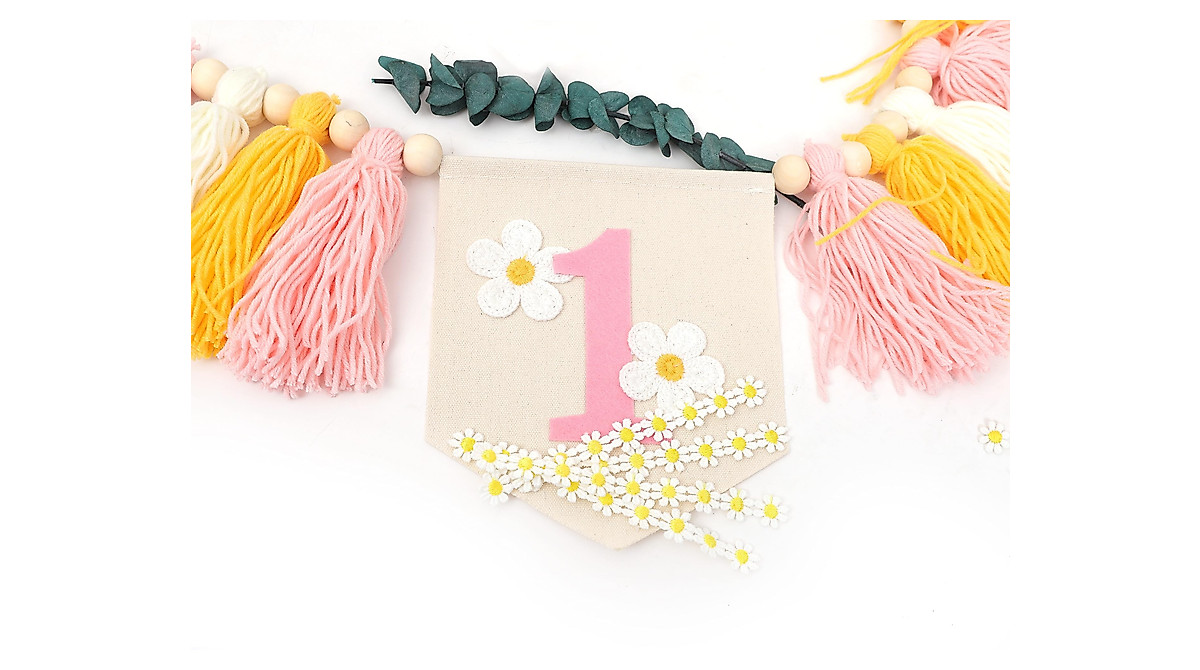 Pink Daisy 1st Birthday Highchair Banner - Baby Girl Party Decor