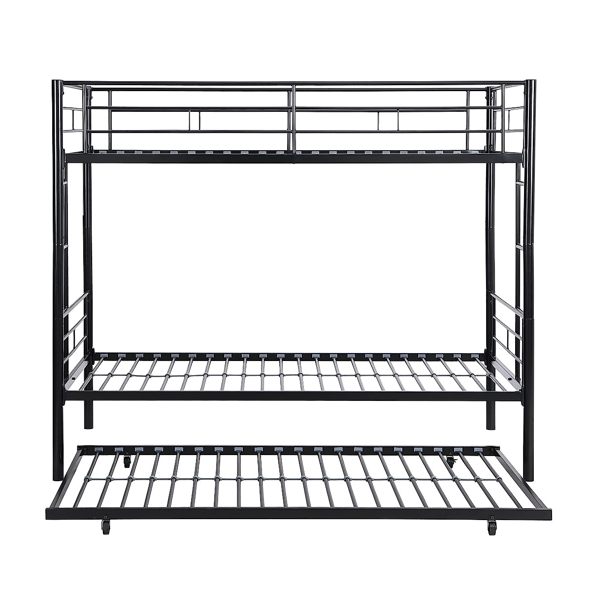 EMKK Twin Over Twin Metal Bunk Bed with Trundle Heavy Duty Bunk Beds Frame with 2 Side Ladders Convertible Bunkbed with Safety Guard Rails,Triple Metal Bunk Bed Frame, No Box Spring Needed