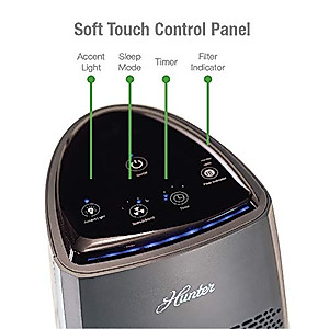 Hunter HP600 Tall Tower Air Purifier Features Energy Star Certification True HEPA Filter, Multiple Fan Speeds, Soft Touch Digital Control Panel, Sleep Mode, Timer, Accent Light, Graphite
