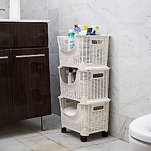 Mind Reader 3-Tier Stackable Containers Rolling Plastic Bins, Storage Baskets, Ivory