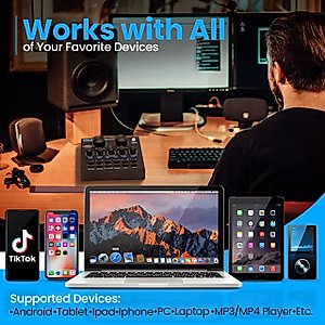 Pyle Bluetooth Mini Audio Podcast Mixer - Live Streaming For PC Computer iPhone Broadcasting Voice Changer V8 Sound Card with 12 Sound Effects,3 Inputs, Mic Input - PKSCRD208.5