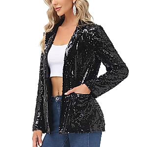 Women Long Sleeve Sequin Blazer Casual Open Front Sparkly Jackets for Party with Pockets Black S