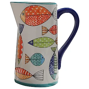 Euro Ceramica FreshCatch Collection 2.5LT Pitcher - Indoor/Outdoor Use - Colorful Cute Fish Pattern on White,Standard,FRC-86-3910