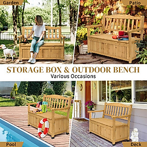 Cedar Wood Deck Box Bench, Storage Box with Backrest Armrest, All-Weather Yard Container Furniture for Tools, Toys, Outdoor Storage Bench Deck Box w/Seat for Backyard, Porch, Patio (Bright Yellow)