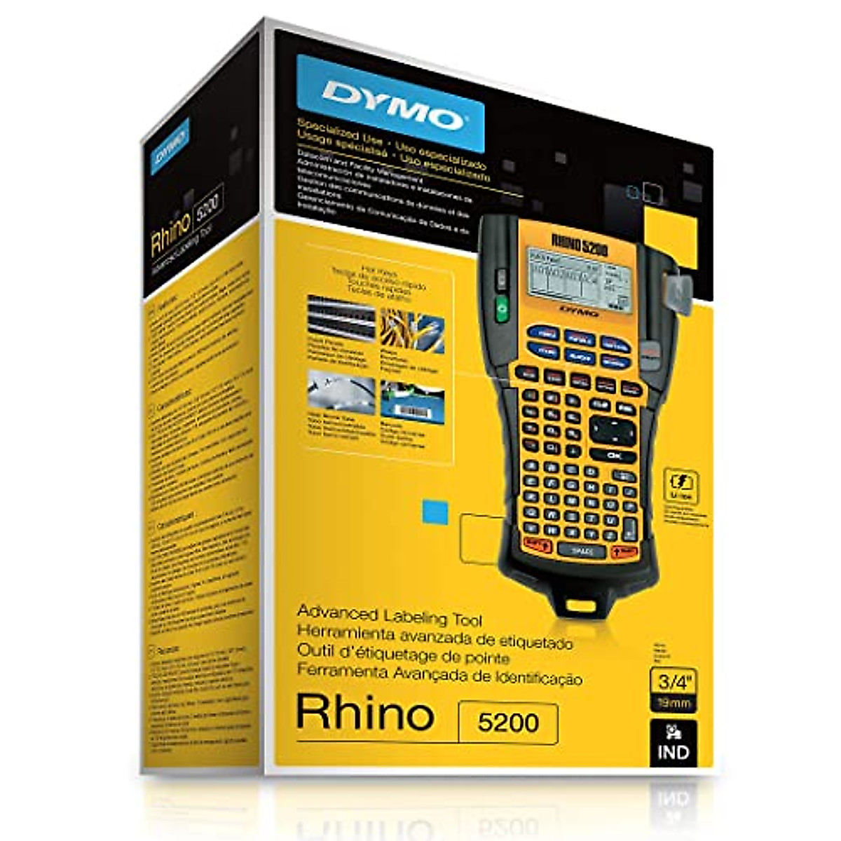 DYMO Rhino 5200 Industrial Portable Thermal Transfer Electronic Label Maker, Yellow - Label, Tape, Auto Power Off, Monochrome, LCD Display