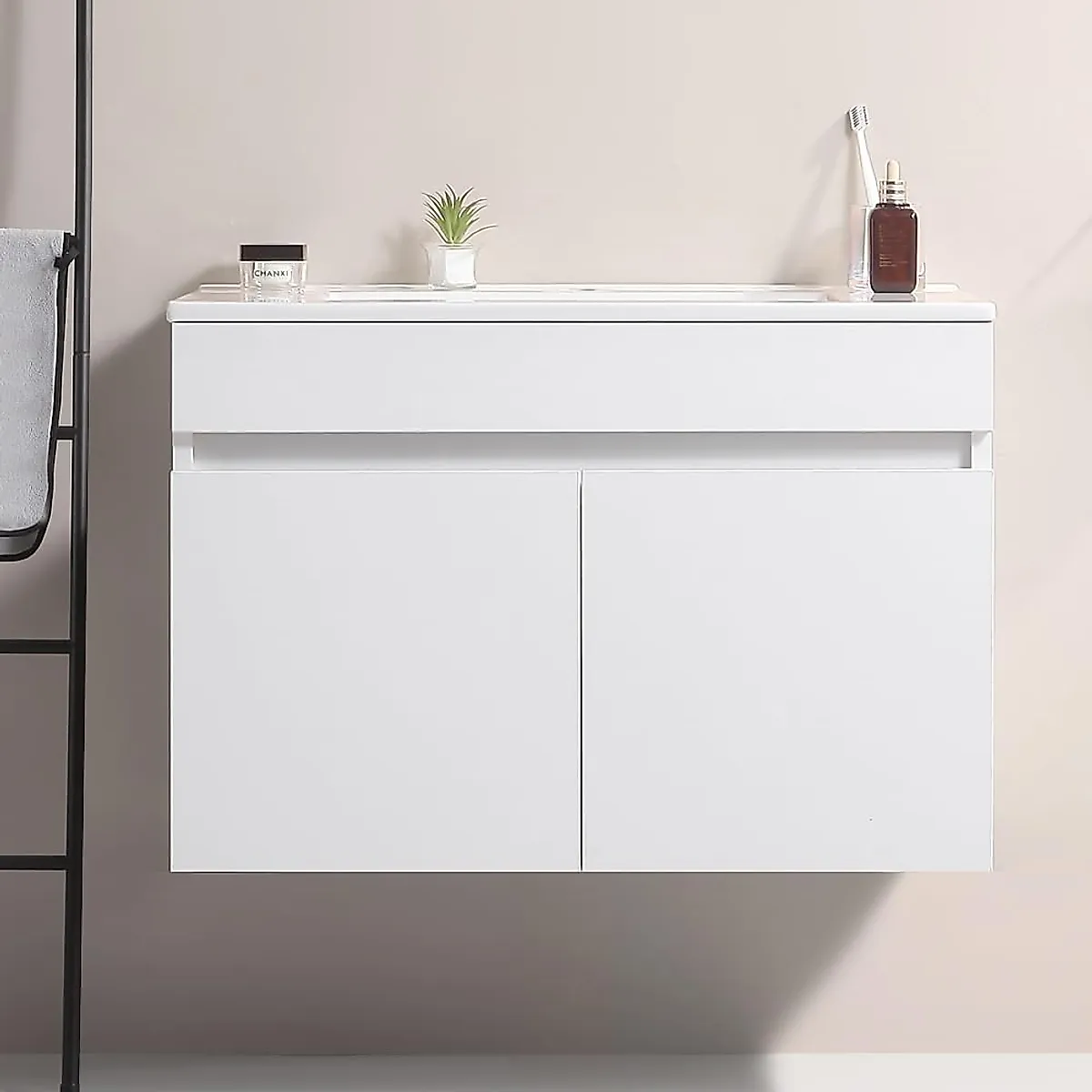 Xuanlur 36" Bathroom Vanity,Wall Mounted Bathroom Vanity with White Ceramic Basin,Two Soft Close Cabinet Doors, Solid Wood,Excluding faucets,White