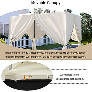 LUMISOL Outdoor Patio Chaise Lounge, Patio Sunbed Canopy Bed Daybed with Retractable Canopy, Rattan Sun Lounger Patio Loveseat Sofa Set with Curtains