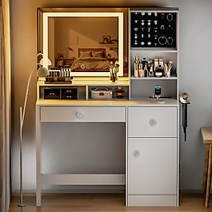 GEPELCN Vanity Desk with with LED Lighted Mirror&Power Outlet Makeup Vanity with 3 Drawers Dressing Table with Jewelry Foam Inserts Adjustable 3 Lighting Colorfor for Bedroom Dresser Room White