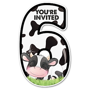 20 Cow 6th Birthday Party Invitations with Envelopes Double Sided Farm Animal Cow Shaped Fill-in Invitations Invites for 6 Year Old