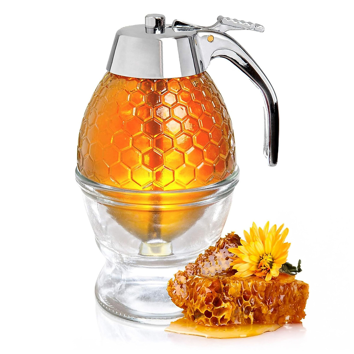 Hunnibi Honey Dispenser PLUS - No Drip Glass with STAINLESS STEEL TOP - Syrup Dispenser Glass - Beautiful Honey Pot - Honey Jar with Stand