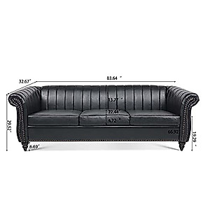 EMKK 84'' PU Leather Chesterfield Sofa Couch, 3-Seater Sofá for Living, Mid-Century Modern with Solid Wooden Frame & Padded Cushions, Apartment, Lounge Room, Black New-1