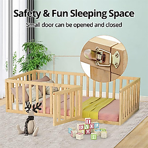 TURRIDU Queen Size Montessori Floor Bed, Multifunctional Wood Bed Frame with Fence & Door for Children Boys Girls Bedroom Living Room, Without Slat & Unlimited Weight, Natural