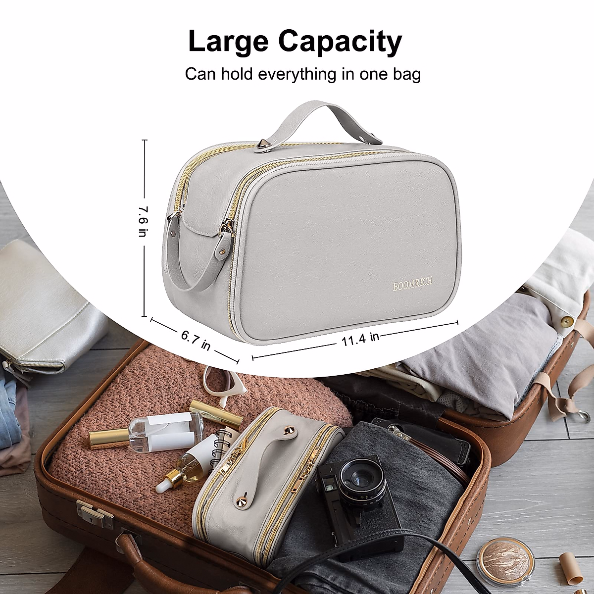 BOOMRICH Large Travel Makeup Bag, Cosmetic Bag, Toiletry Bag for Women, Water-Resistant Leather Toiletry Organizer, Dopp Kit for Toiletries Accessories, Blue Grey