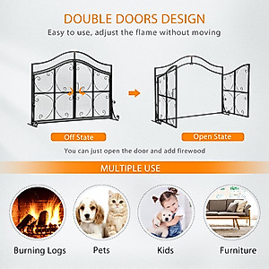 VIVOHOME 43.3 x 34 Inch Wrought Iron Fireplace Screen with Doors Metal Decorative Mesh Fire Spark Large Flat Guard Gate Cover Fireplace Barrier Panels Black