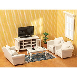 SAMCAMI Miniature Dollhouse Furniture 1 12 Scale - Wooden Dollhouse Furniture Set for Dollhouse Living Room - Doll House Furniture Incl Sofa, TV Cabinet, Coffee Table and Other Accessories (White)