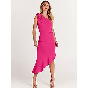 ANRABESS Women's Summer One Shoulder Formal Graduation Prom Midi Dresses Sleeveless Bodycon Mermaid Ruffle Cocktail Wedding Guest Dress 838meihong-L Rose