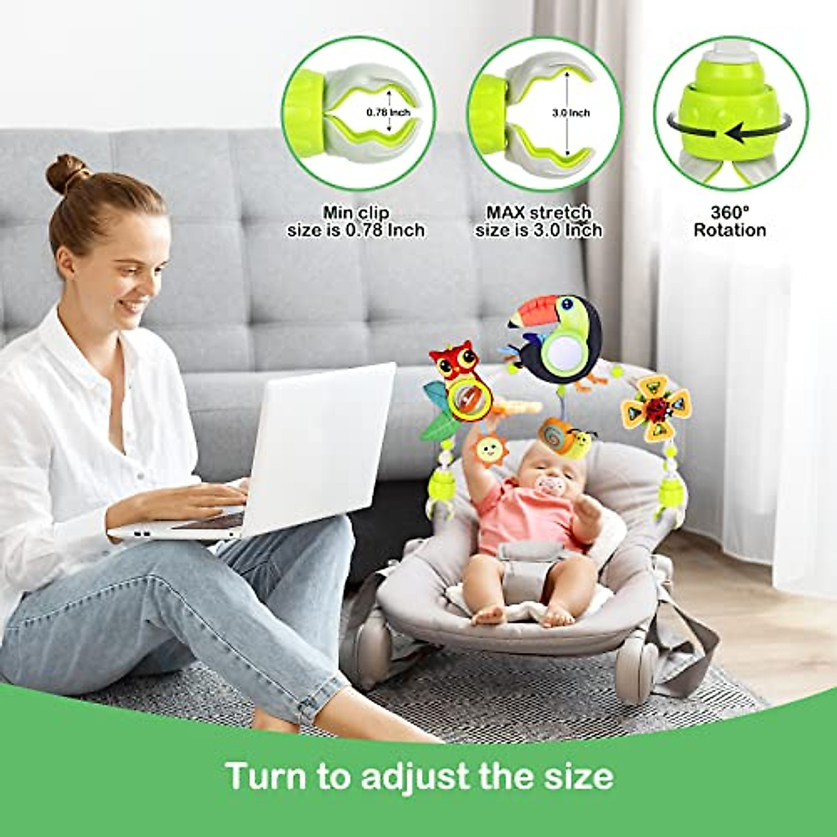mihotoy Baby Stroller Arch Toy with Teether, Rattle, Crinkle Sound, Mirror & Music Box, Newborns Sensory Activity Carrier Take-Along Toy, Adjustable for Bouncers