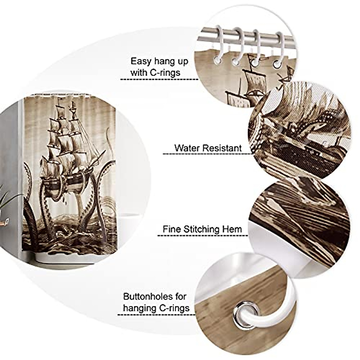 BestLives 4 Pcs Shower Curtain Sets with Rugs Pirate Boat Non-Slip Soft Toilet Lid Cover for Bathroom Ocean Animal Kraken Octopus Bathroom Sets with Bath Mat and 12 Hooks