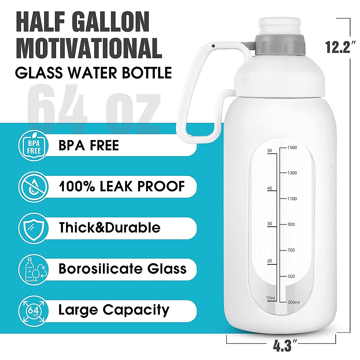 Aqulea Glass Water Bottle 64 oz - Big, Leakproof, Pregnancy Tracker, Gym Bottle with Straw and Time Marker (White)