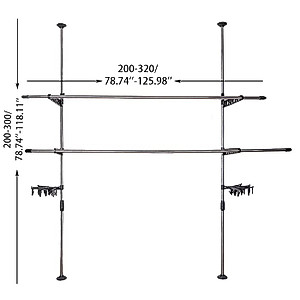 BAOYOUNI Double Pole Adjustable Laundry Clothes Drying Rack Standing Garment Storage Organizer Heavy Duty Space Saver DIY Pants Hanger Rod Rail Floor to Ceiling, Height 64.96'' to 98.42'' - Grey